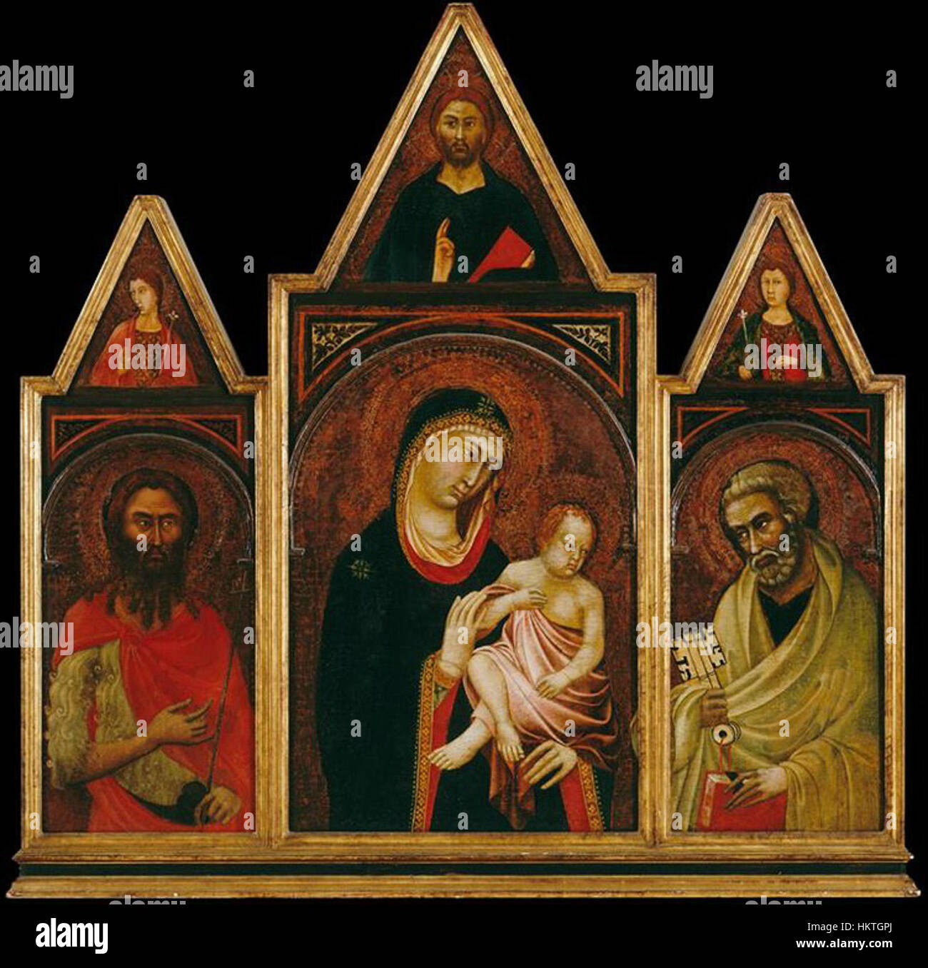 This painting, attributed to a follower of Duccio, depicts the Virgin ...