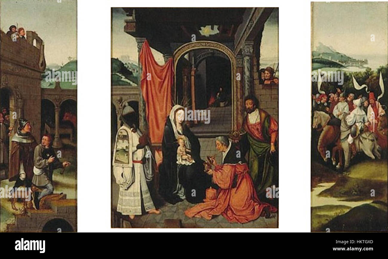 This artwork, attributed to a follower of Hieronymus Bosch, portrays the Adoration of the Magi ...