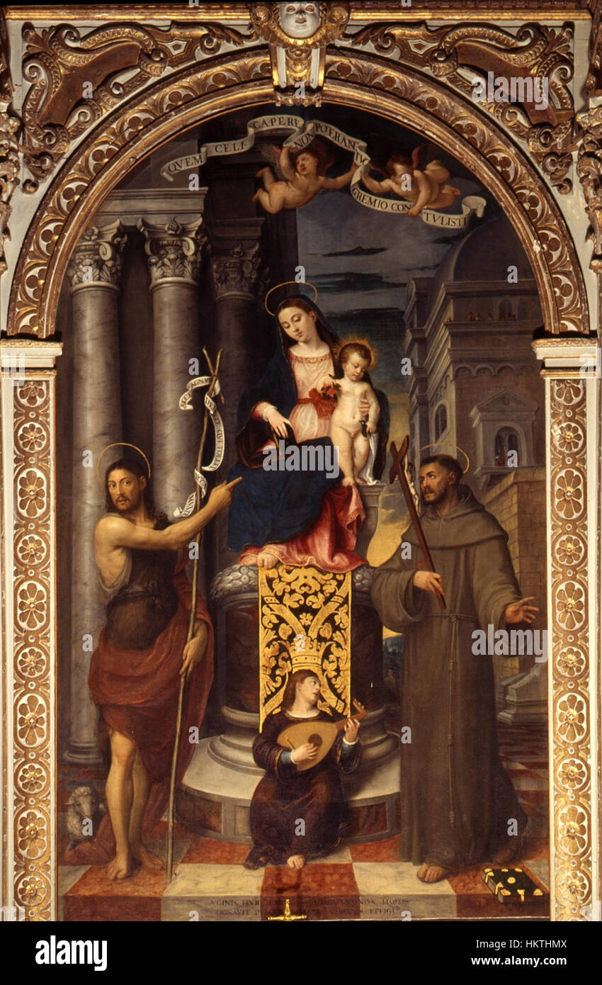 A painting by Francesco Beccaruzzi depicting the Virgin Mary enthroned between Saints John the ...