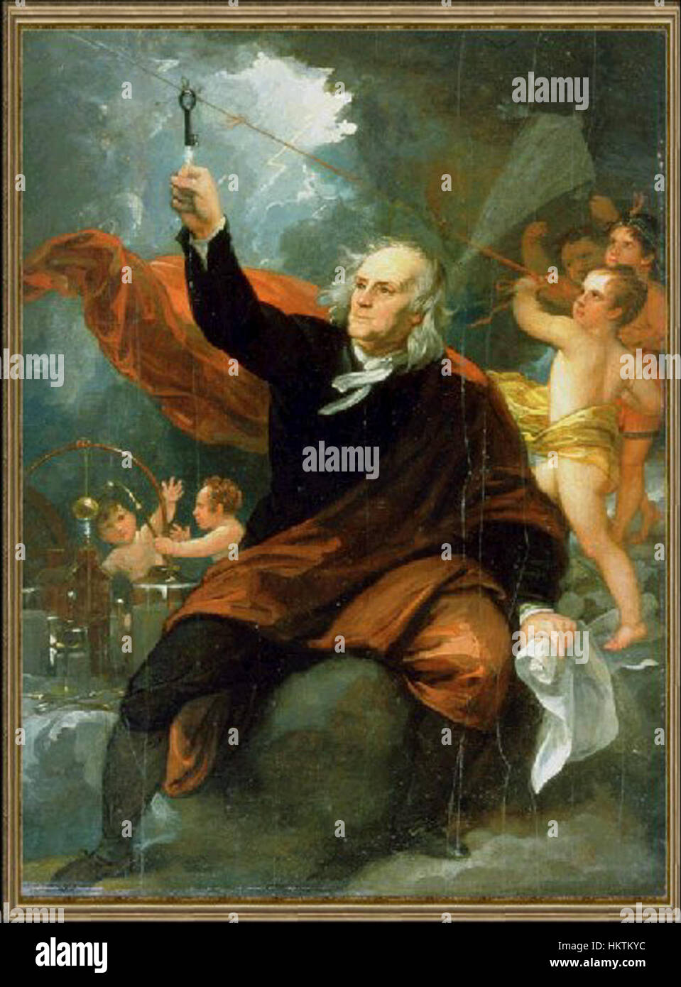 A historical portrait of Benjamin Franklin, showcasing him holding a ...