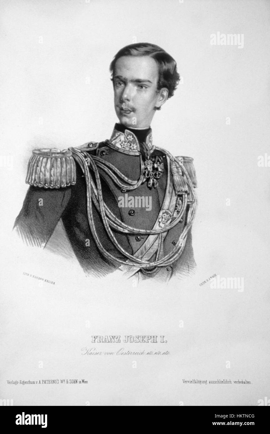 This lithograph features Franz Joseph I, the Emperor of Austria ...