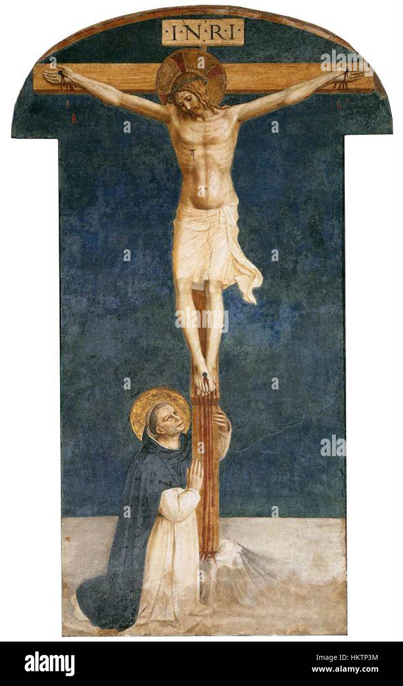 Fra Angelico’s painting, *Saint Dominic Adoring the Crucifixion*, depicts Saint Dominic in a ...
