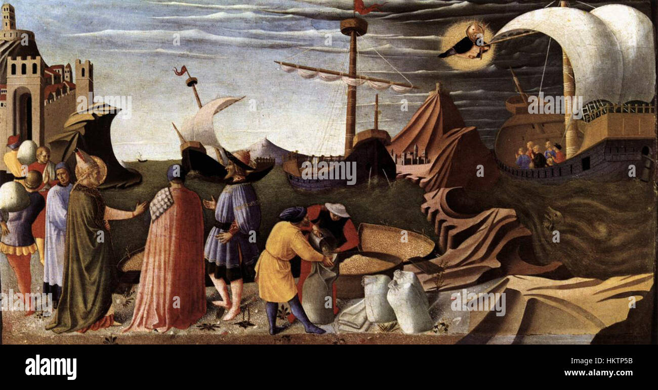 This artwork by Fra Angelico depicts the legend of St. Nicholas saving a ship in distress. The ...