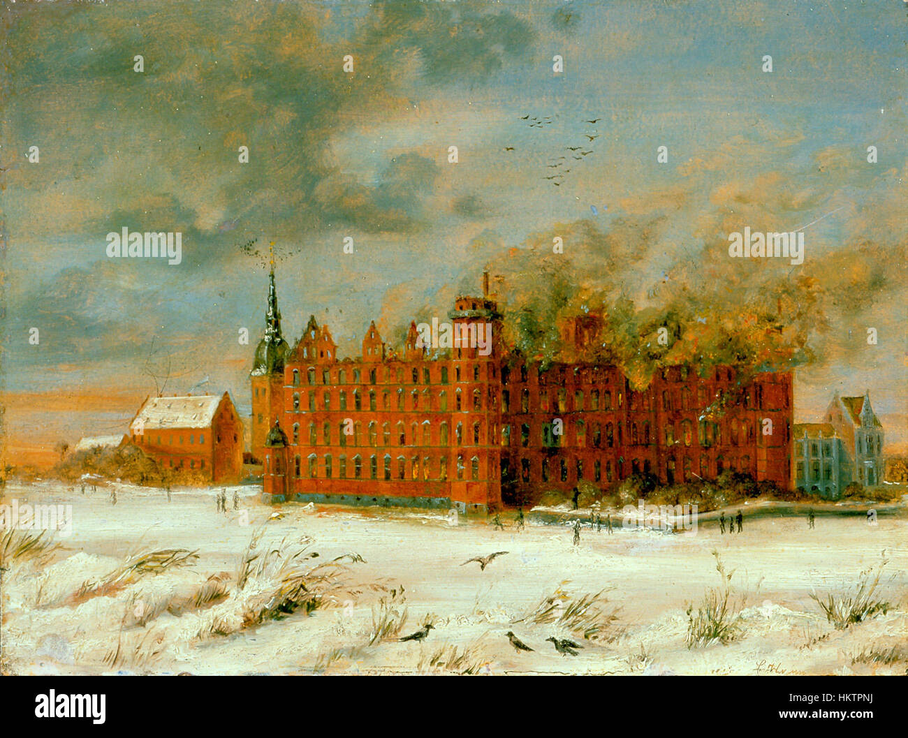 This painting titled 'Frederiksborg on Fire' depicts the dramatic scene ...