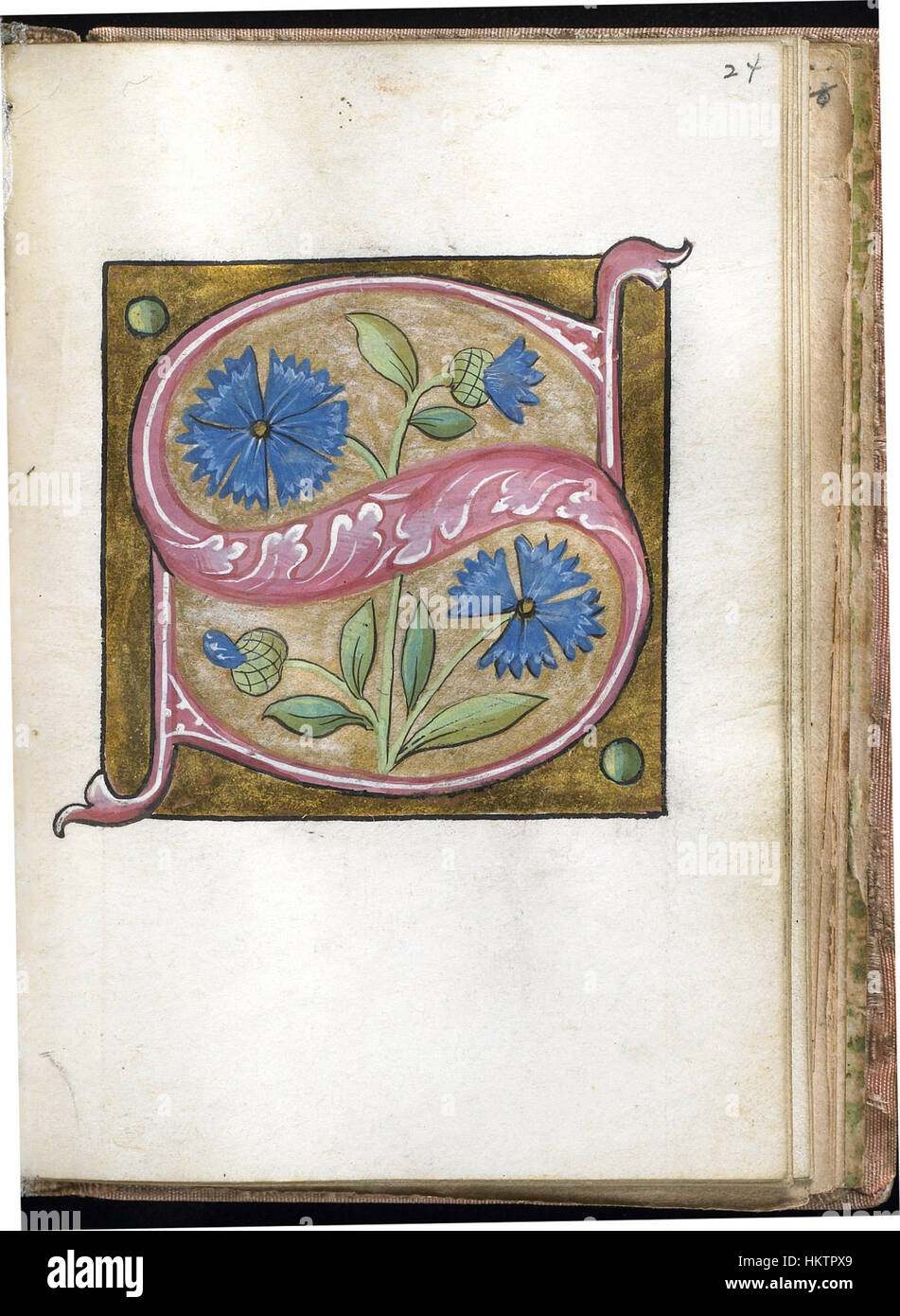 This leaf from a French alphabet book features intricate designs and ...