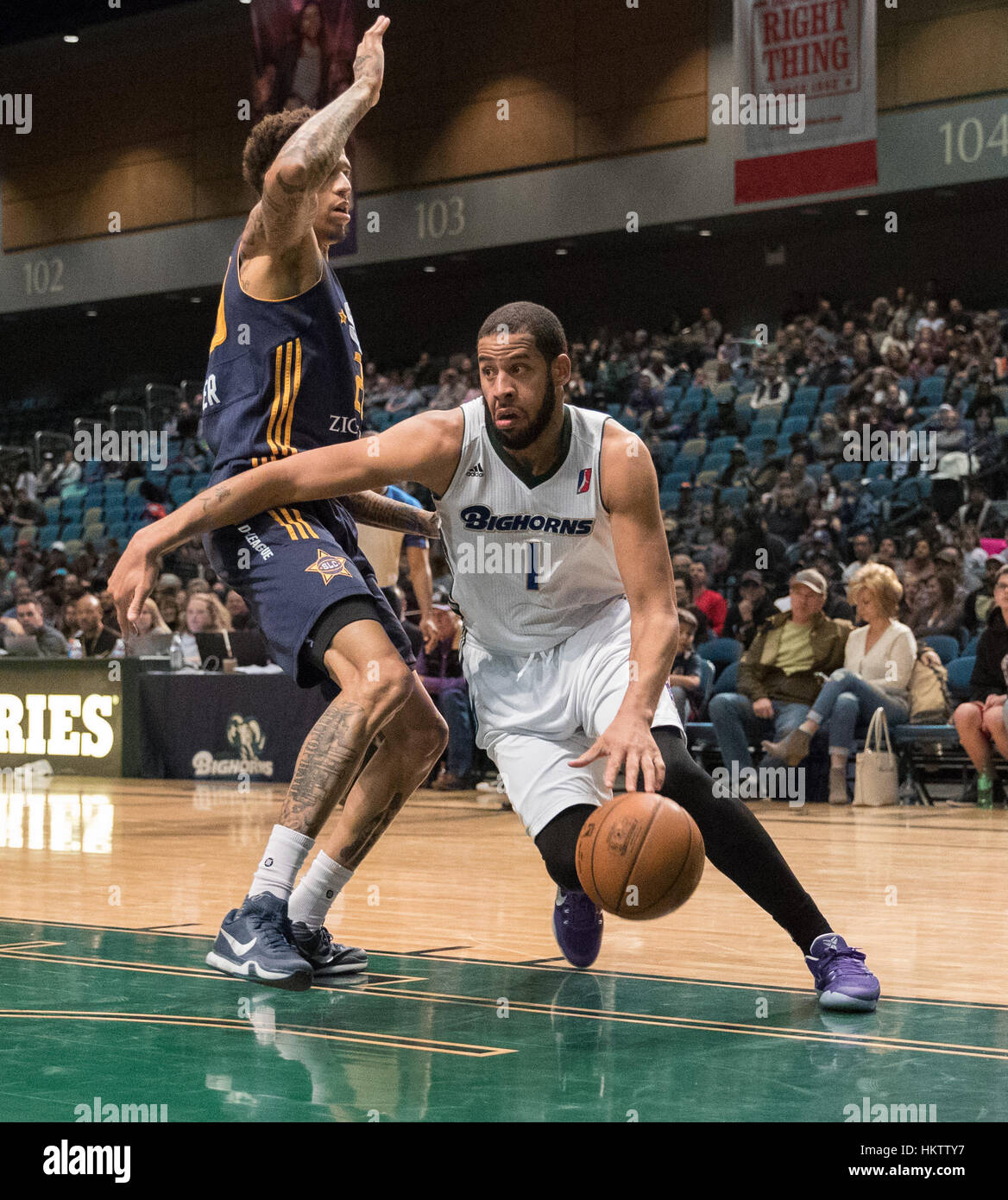 Reno, USA. 29th Jan, 2017. Reno Bighorn Guard MARK TYNDALE (1) drives ...