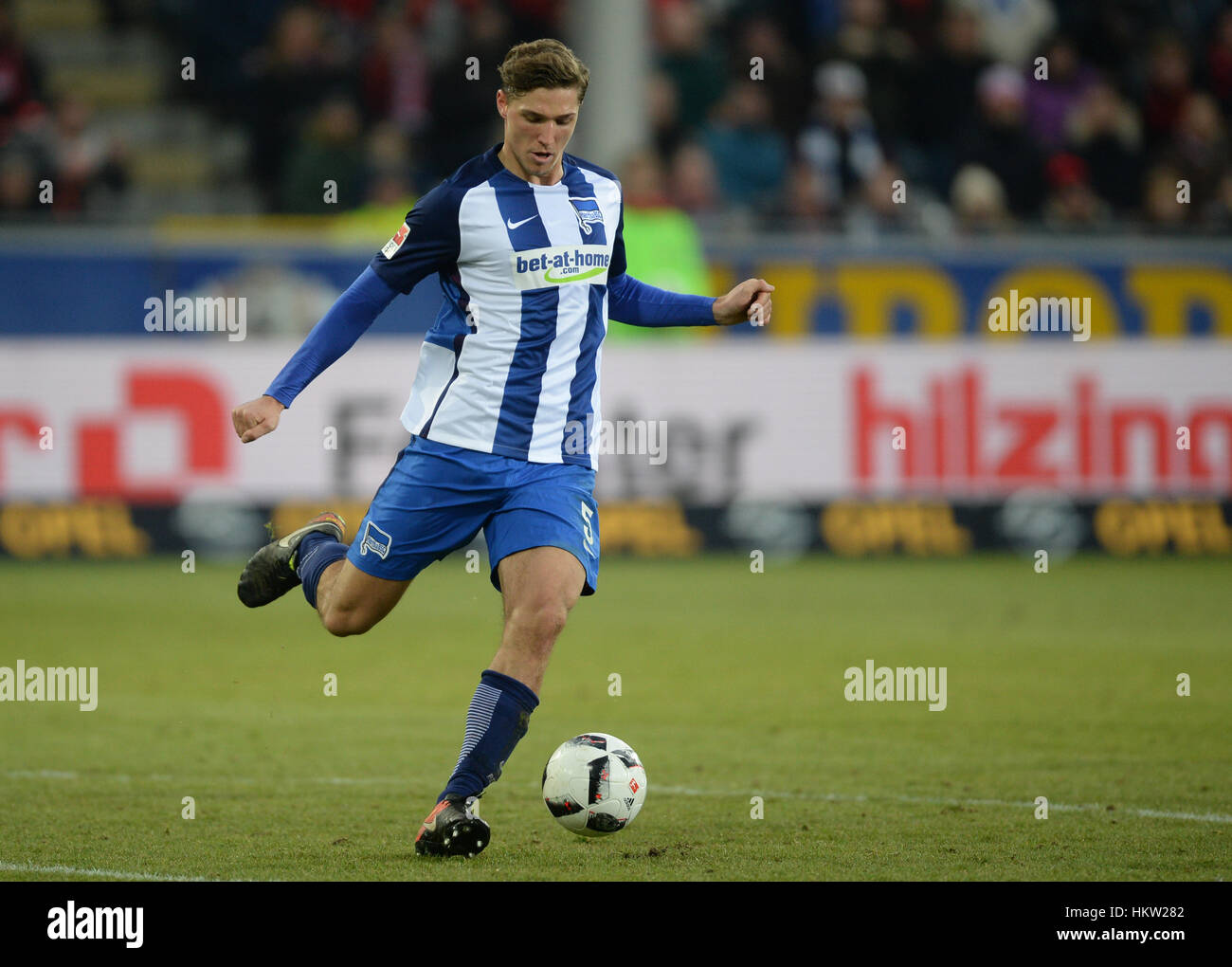 Freiburg, Germany. 29th Jan, 2017. Berlin's Niklas Stark plays the ball ...