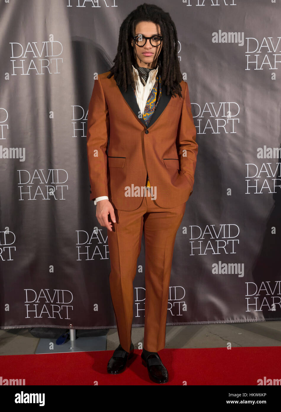 New York City, USA. 30th Jan, 2017. A model poses at the David Hart ...