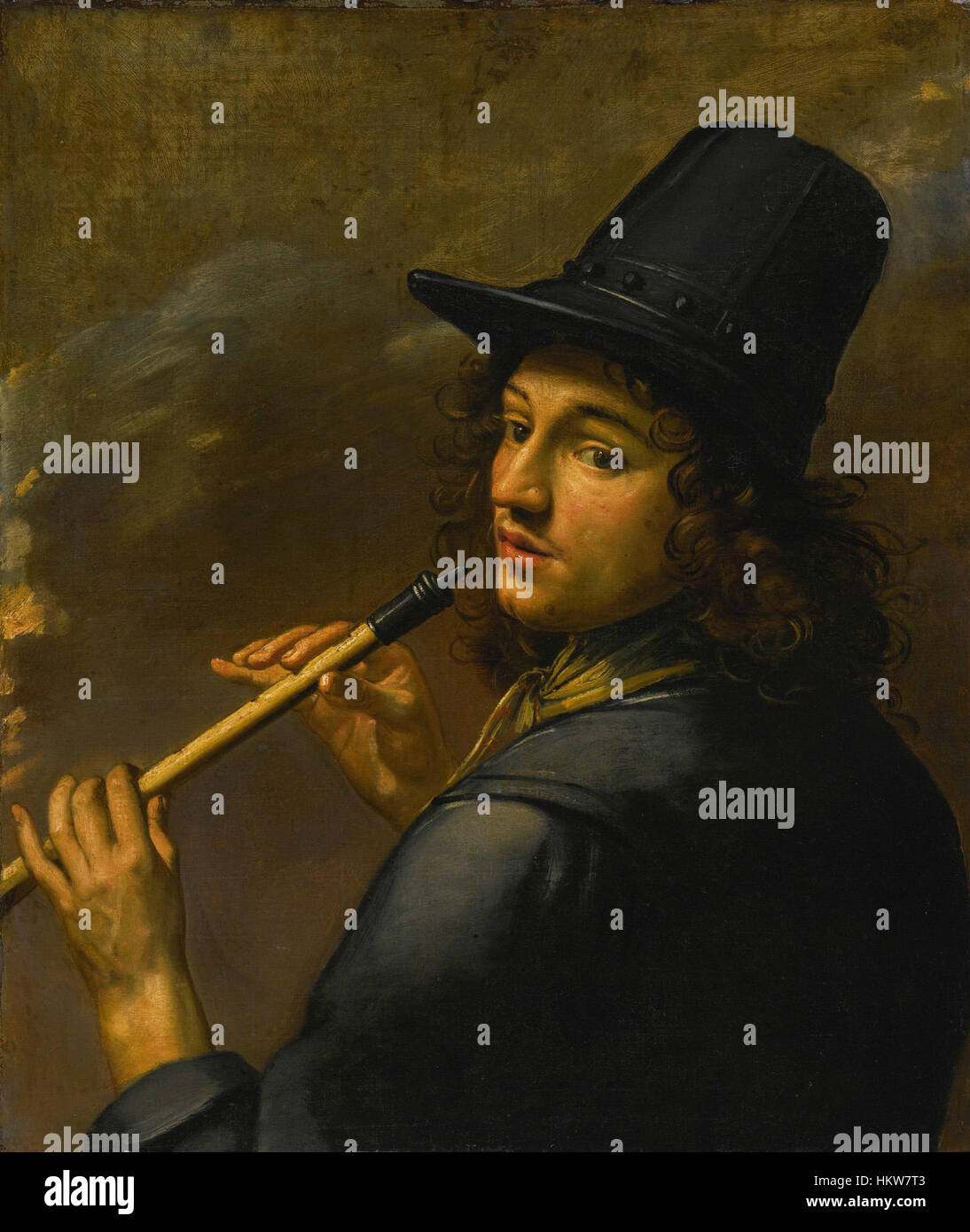 A 17th-century French painting of a young man playing a recorder. The ...