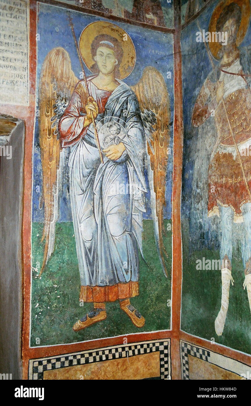 The painting 'Freska od Sv. Andreja na Matka' depicts the traditional ...