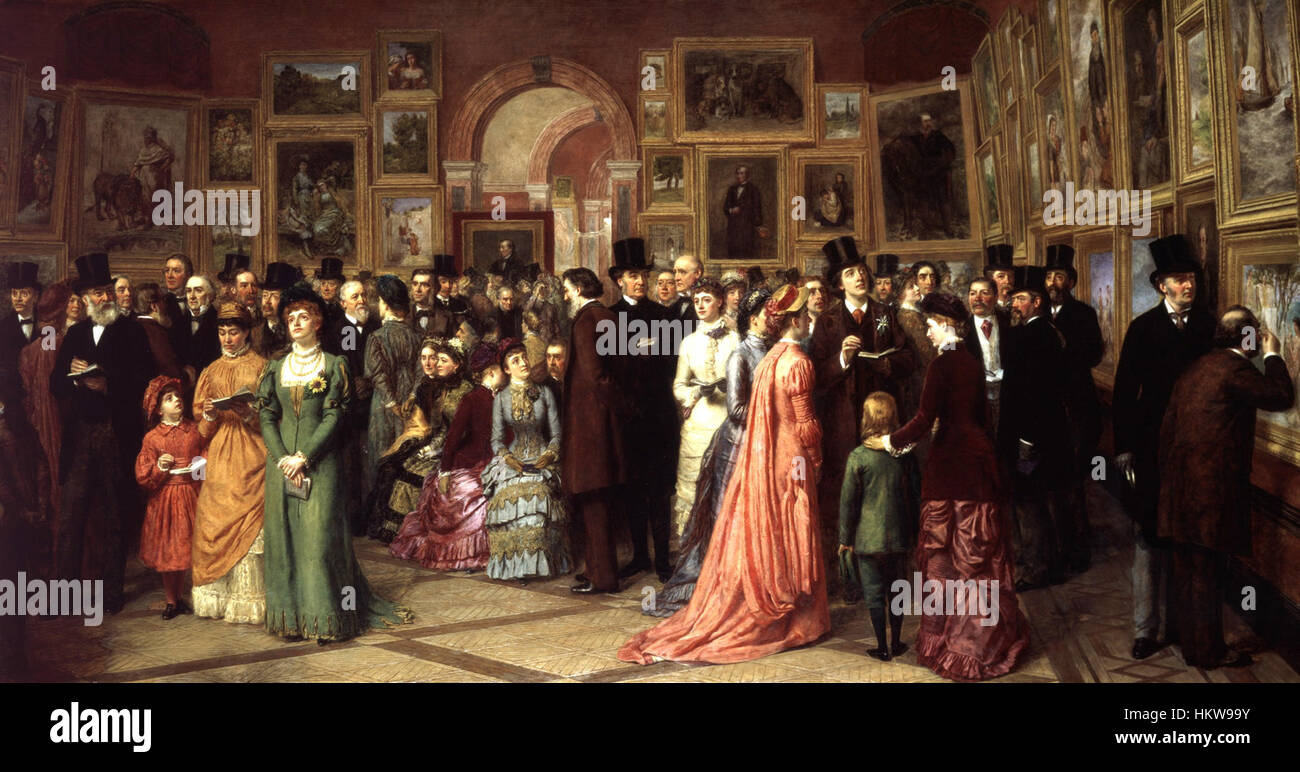Frith's A Private View is a detailed oil painting depicting a social ...