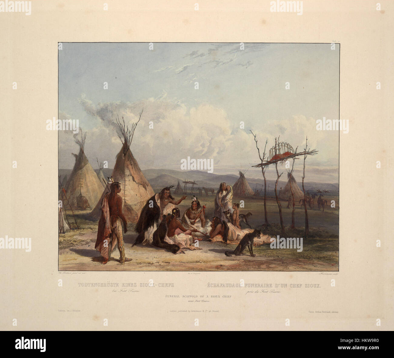 This artwork depicts the funeral scaffold of a Sioux chief, showcasing ...