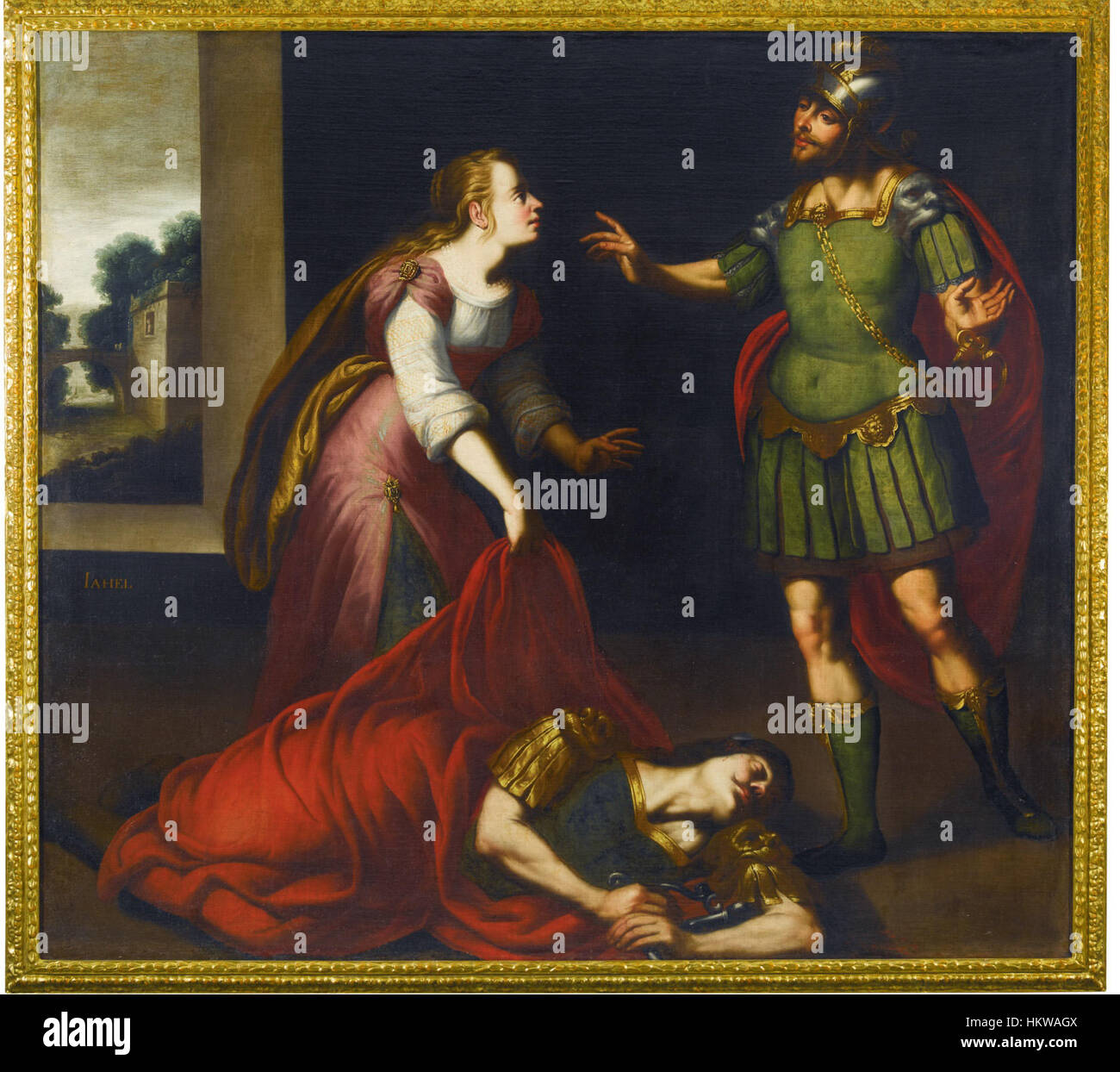 This oil painting depicts the biblical story of Jael and Sisera ...
