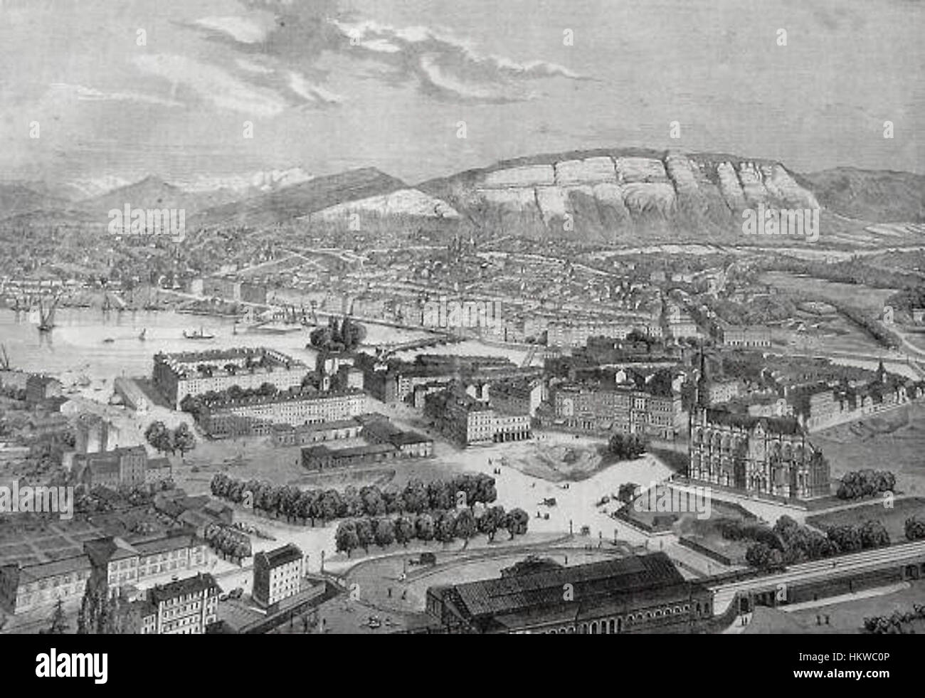 A panoramic view of Geneva from 1860, depicting the city's skyline and ...