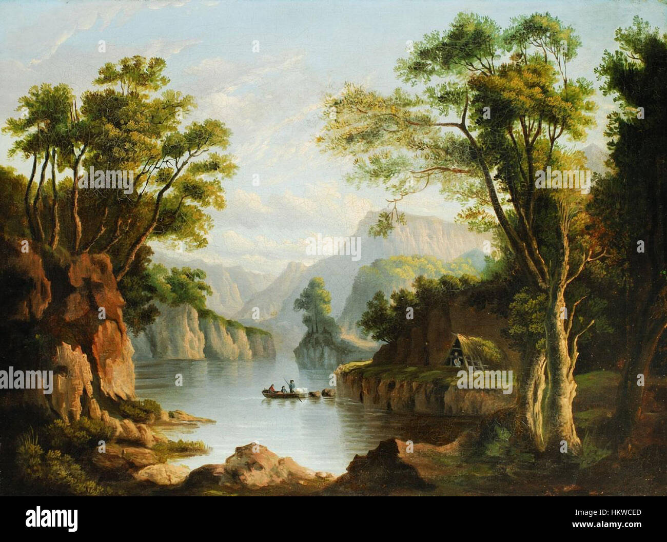 A landscape painting by George Barrett depicting a river scene with men ...