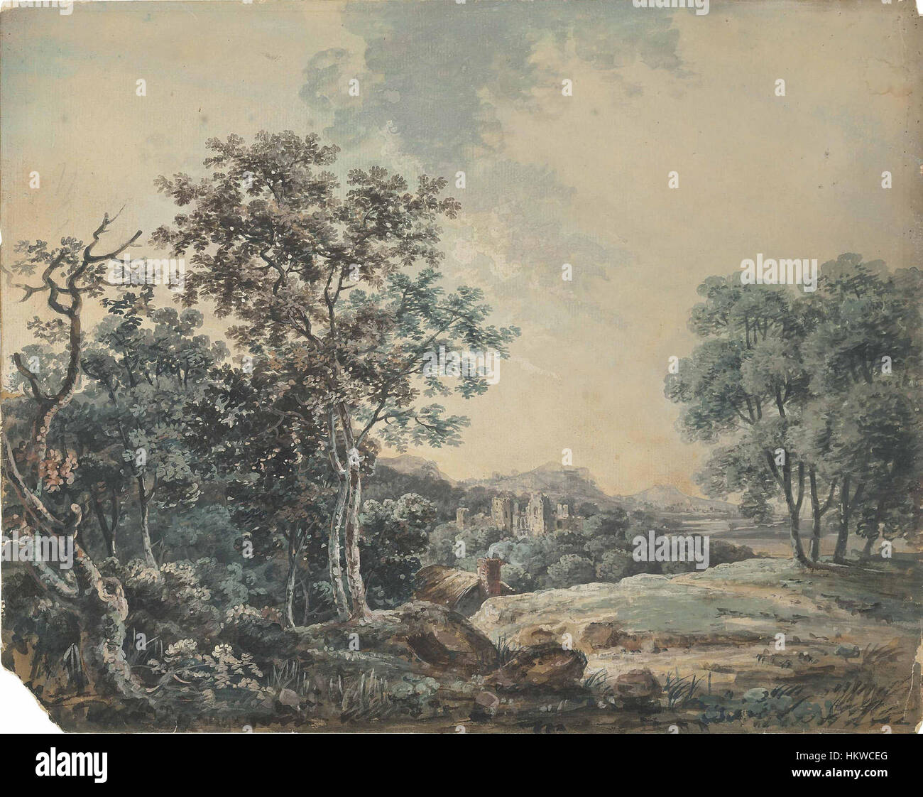 A landscape painting by George Barret depicting a mountainous wooded ...