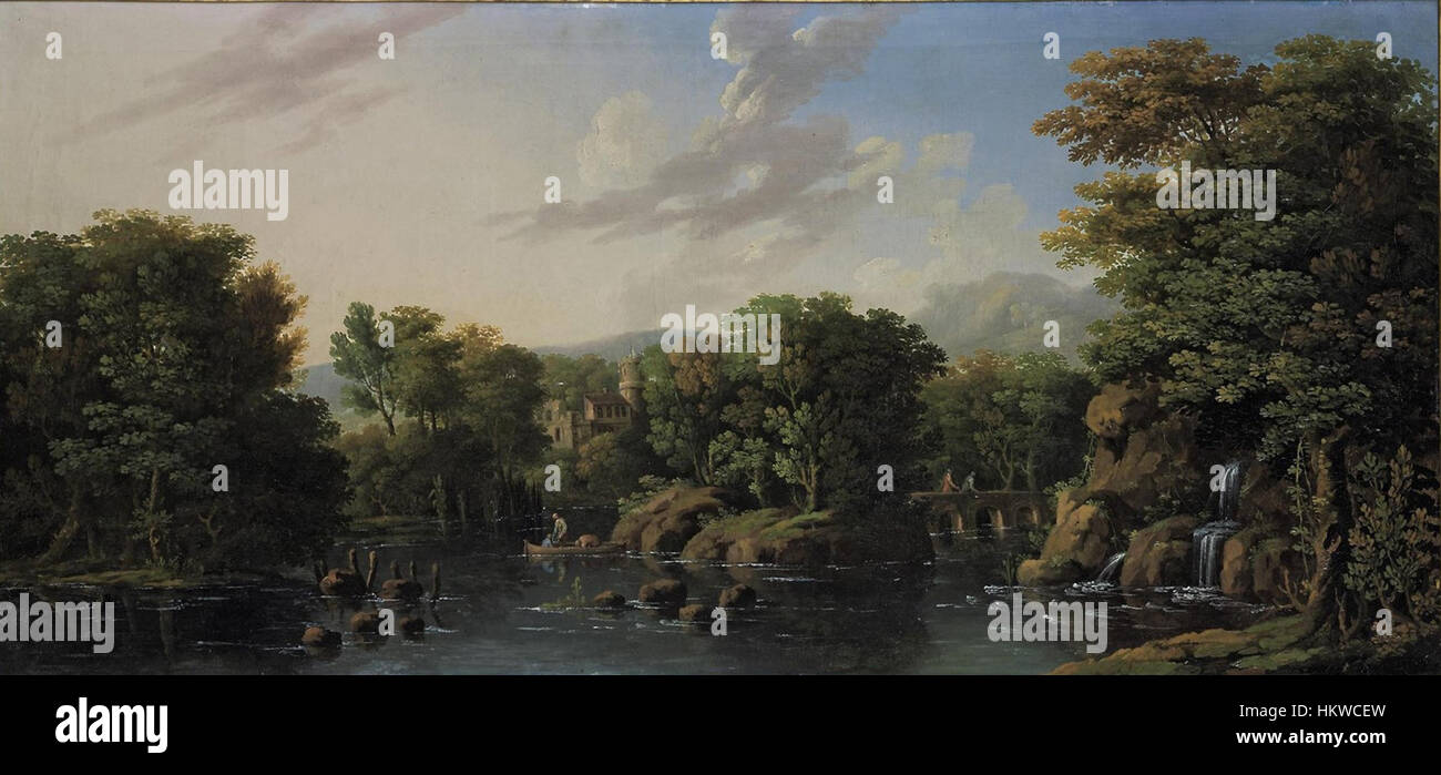 George Barret's painting captures a tranquil river landscape with ...