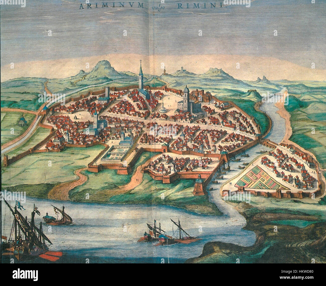 A historical map by Georg Braun, featuring Rimini in 1572. The work is ...