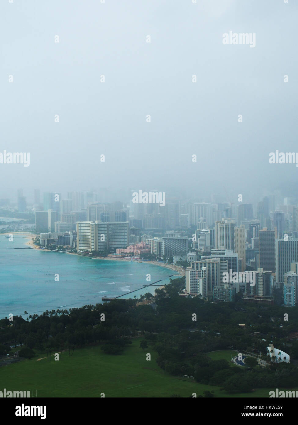 Aerial view of coast of Honolulu Hawaii on a foggy day Stock Photo - Alamy