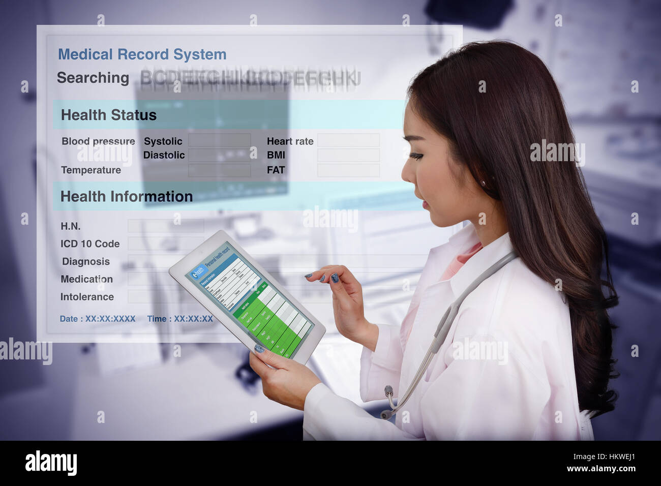 Female doctor searching patient information from medical record system ...