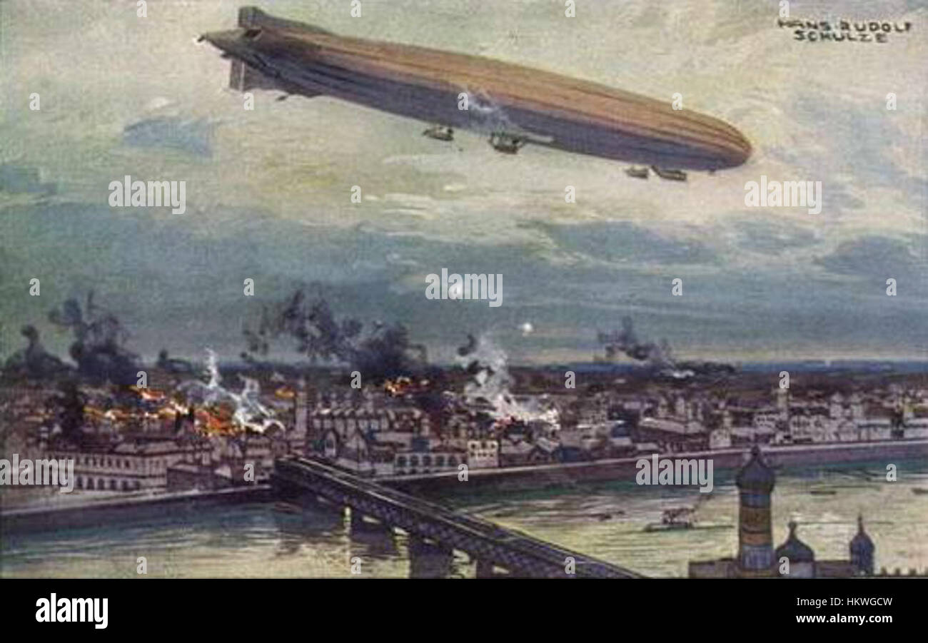 This historical artwork depicts a German airship bombing Warsaw during ...