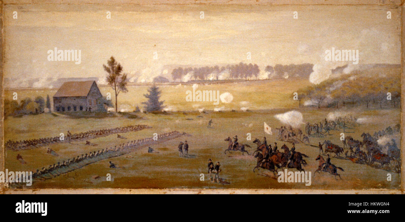 This painting by Edwin Forbes depicts the iconic Peach Orchard at the ...