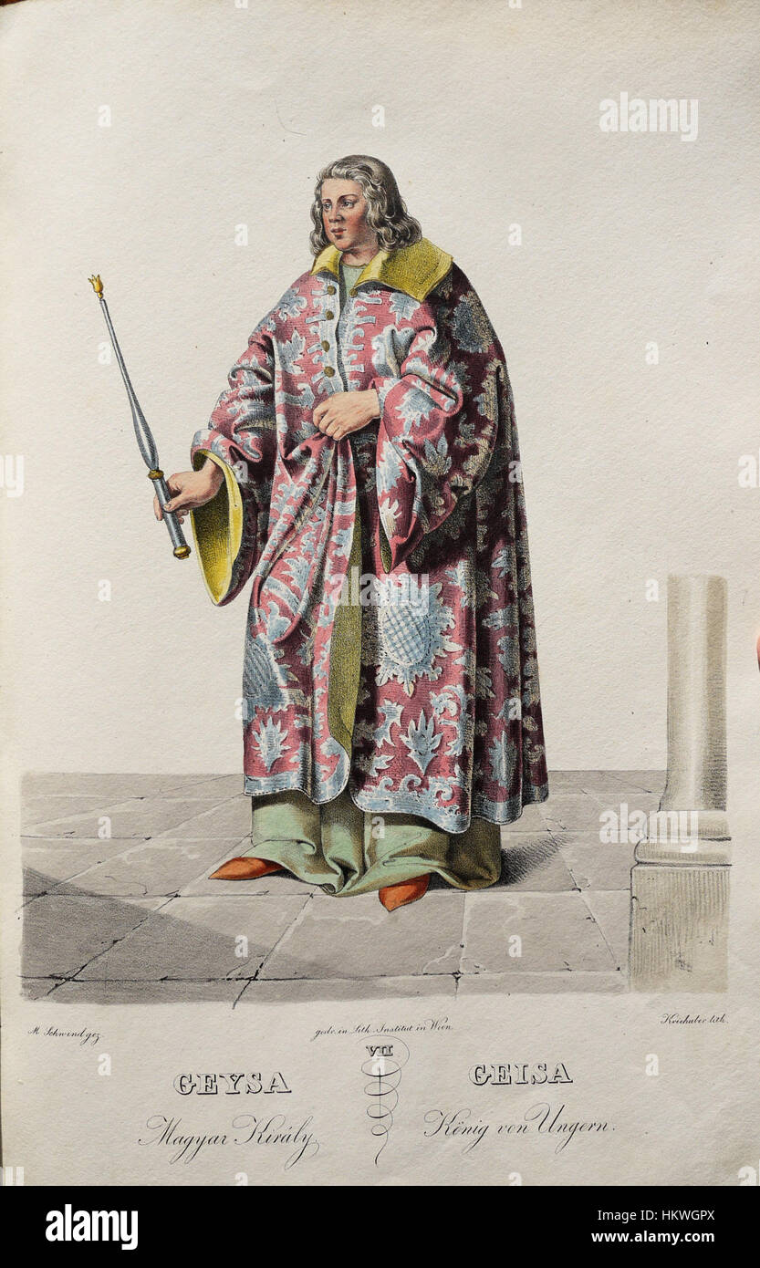 A lithograph titled 'Geza I', showcasing a historical or mythical ...