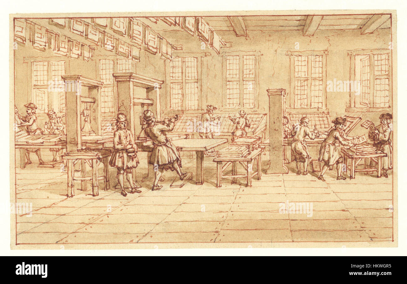 A painting depicting the interior of a print shop, showing the busy ...