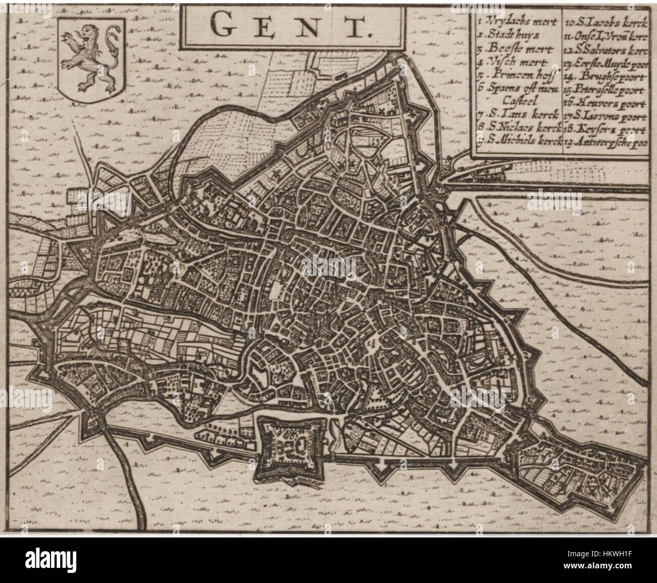 Ghent, old map 1652 Stock Photo - Alamy