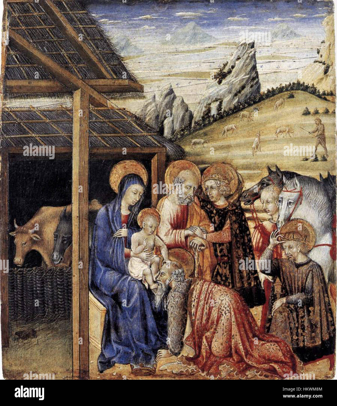 This oil painting by Giovanni di Paolo depicts the biblical scene of the Adoration of the Magi ...