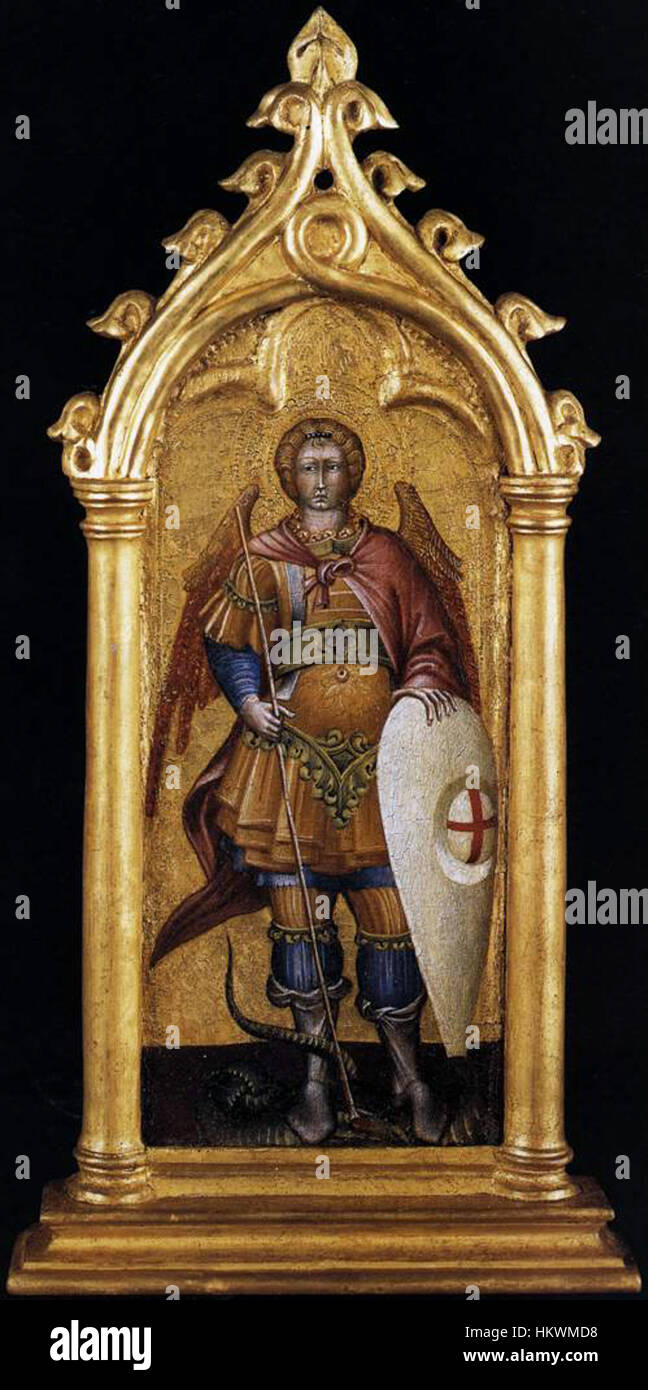 This oil painting by Giovanni di Paolo depicts St. Michael the ...