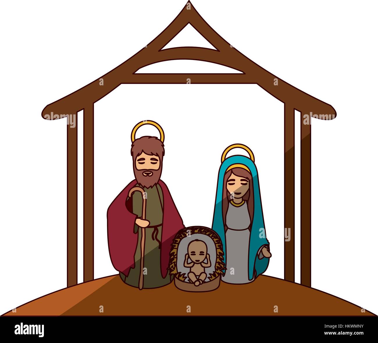 colorful image with virgin mary and saint joseph and jesus in crib ...