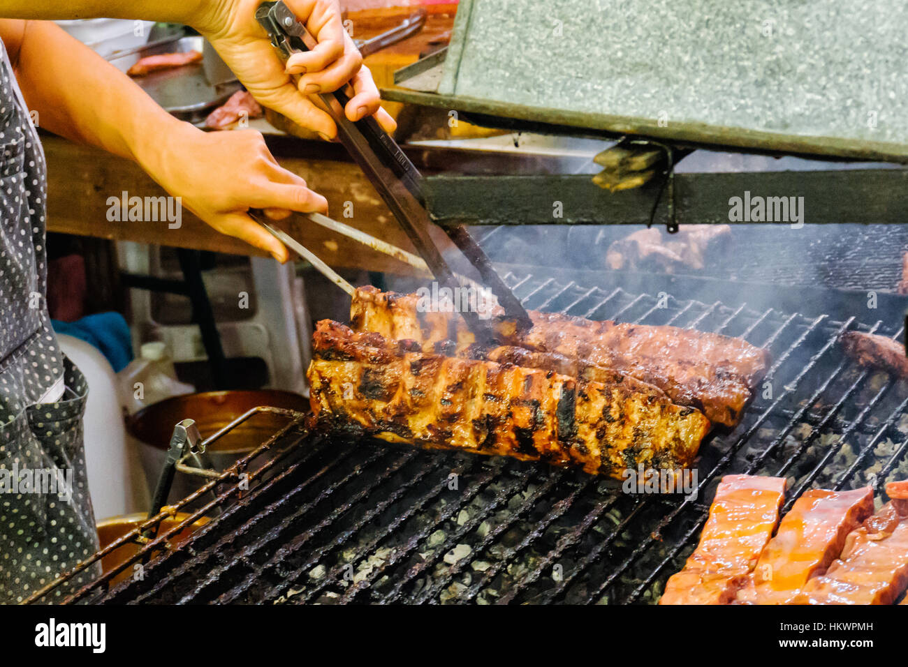Grilled meat on the barbecue rack outdoor food items set. Street food ...