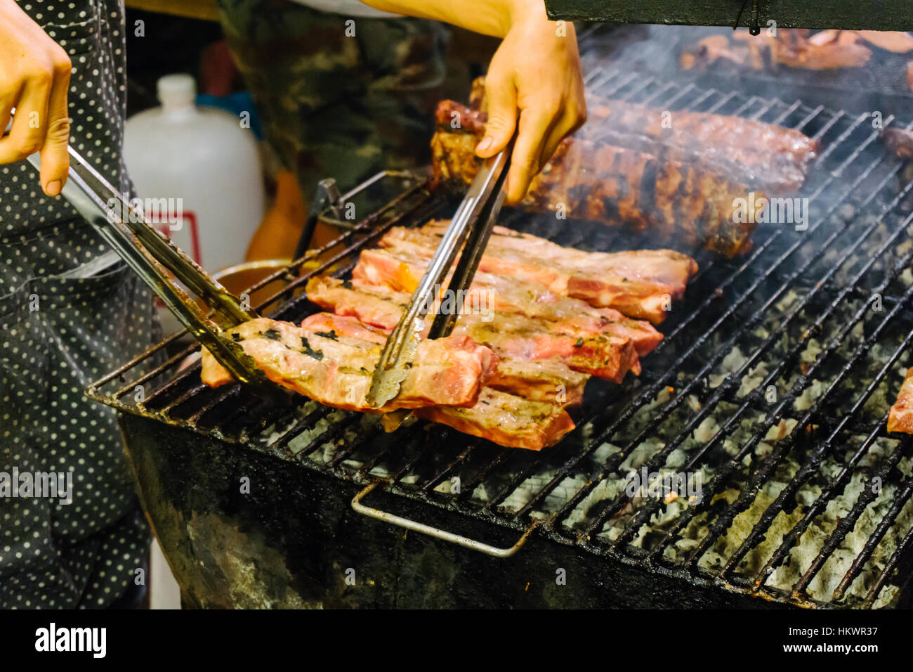 Grilled meat on the barbecue rack outdoor food items set. Street food ...