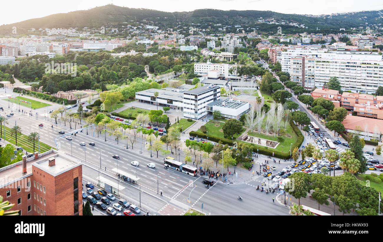 Above view of avenue Avinguda Diagonal in Barcelona city in sunset ...