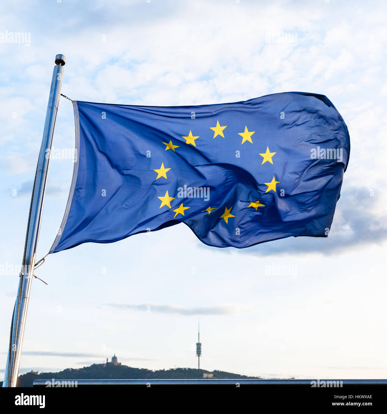 european union flag fluttering on wind in evening Stock Photo - Alamy