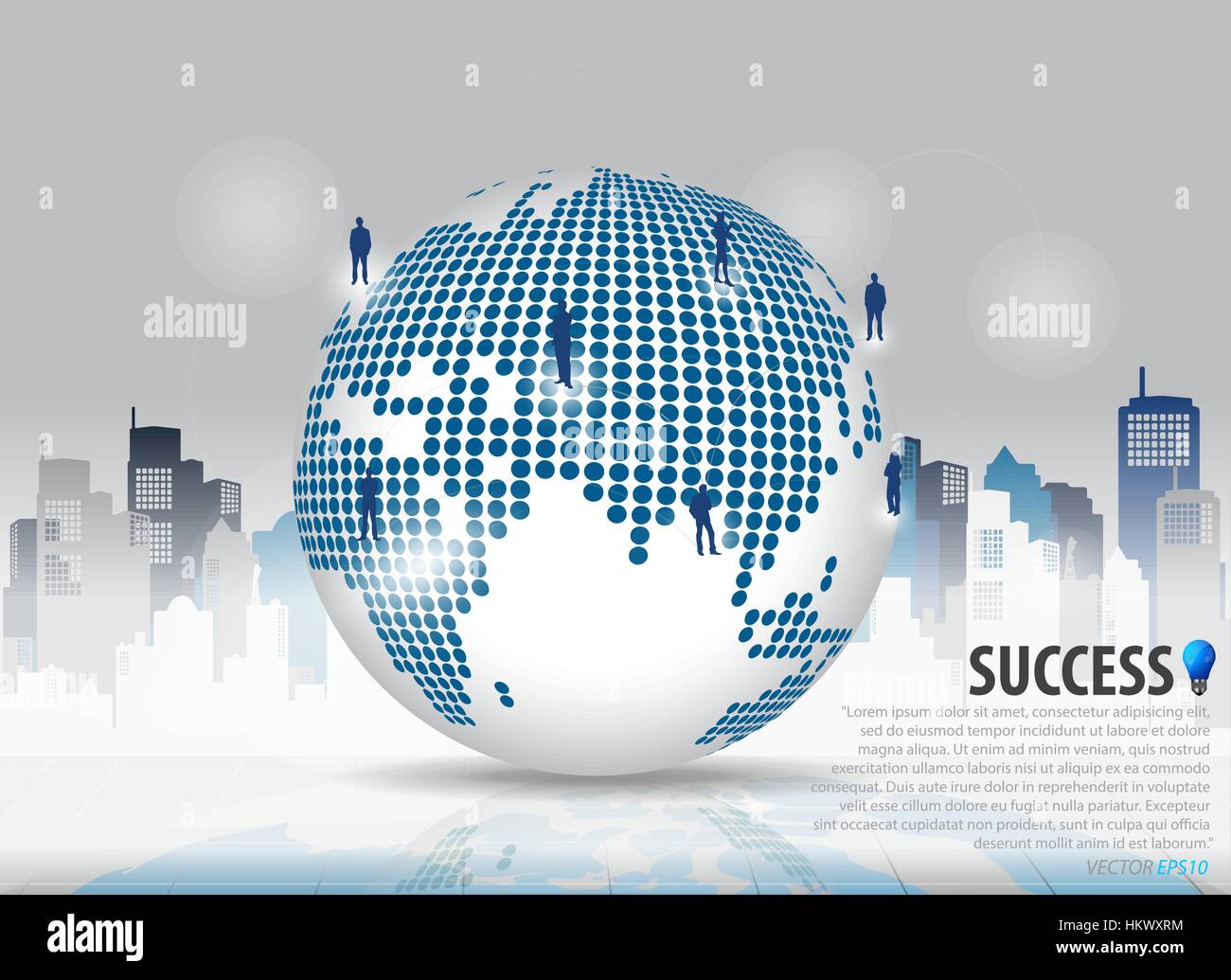 Dotted globe with businessman and building background. Vector ...