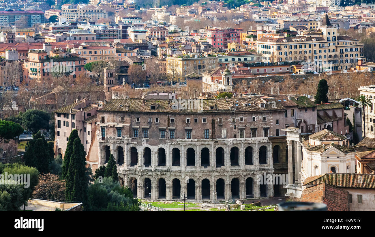 Travel to Italy - above view of Rome city with ancient Theatre of ...