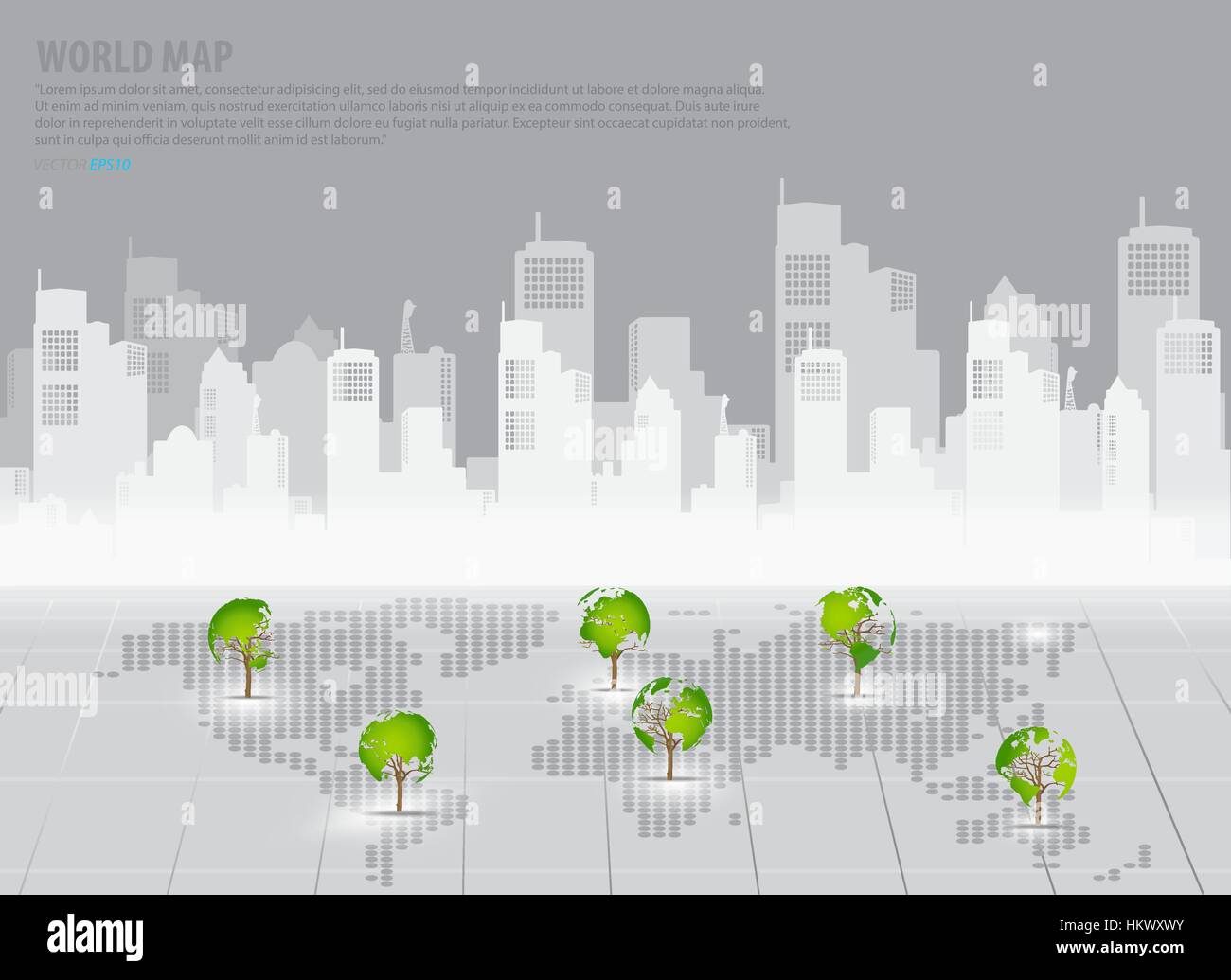 Green economy concept : Tree shaped world map with building background ...