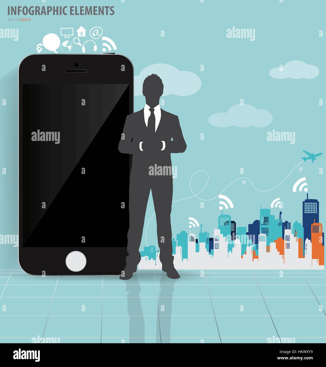 Businessman and touchscreen device with building background. Vector ...