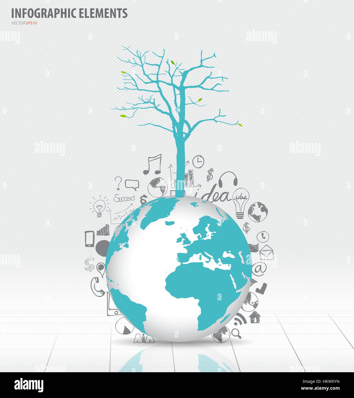 Tree on modern world globe with application icon, modern template ...