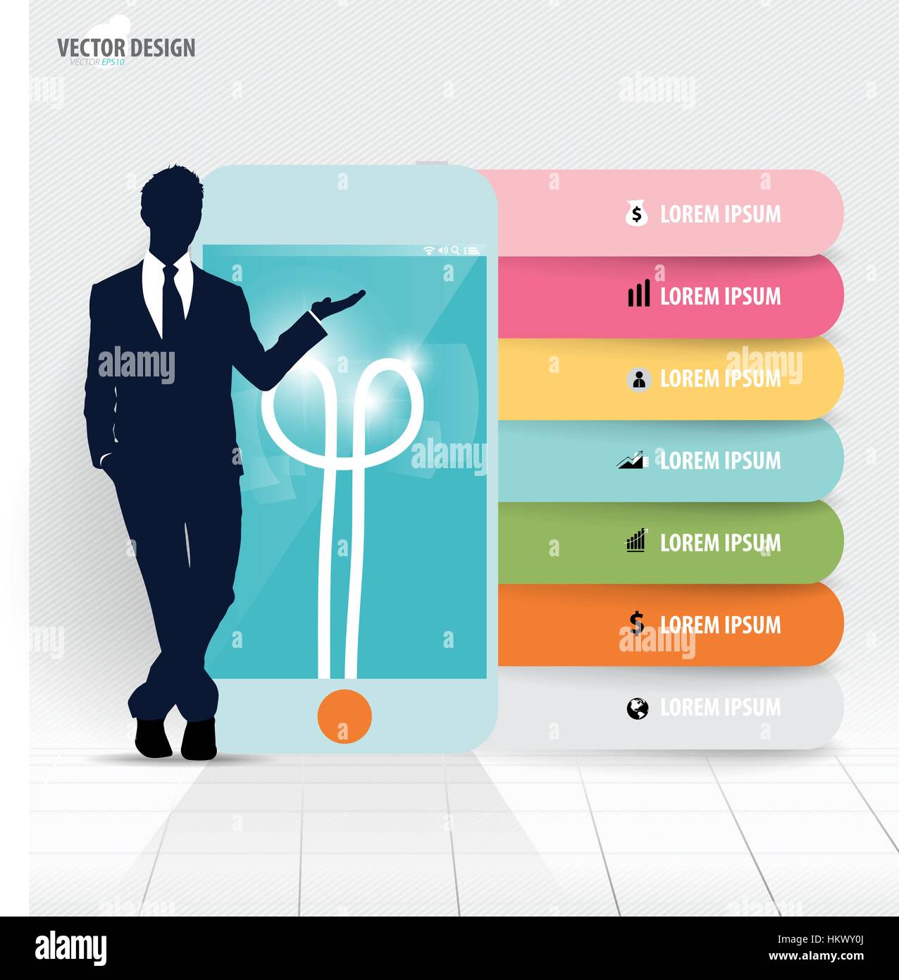 Infographic design template. Businessman showing touchscreen device ...