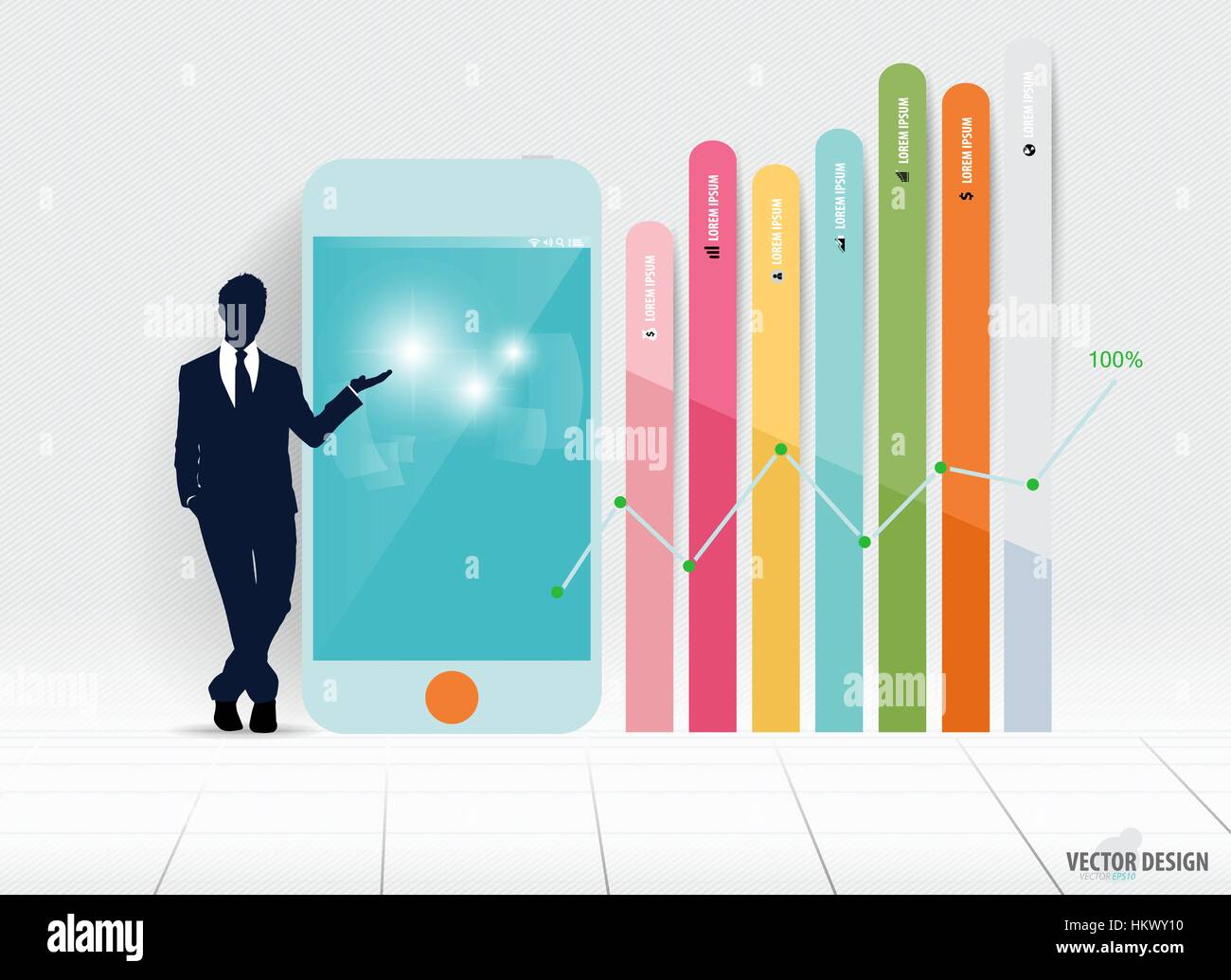 Infographic design template. Businessman showing touchscreen device ...
