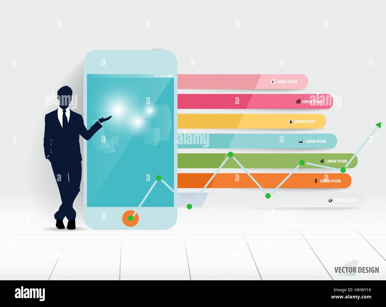 Infographic design template. Businessman showing touchscreen device ...