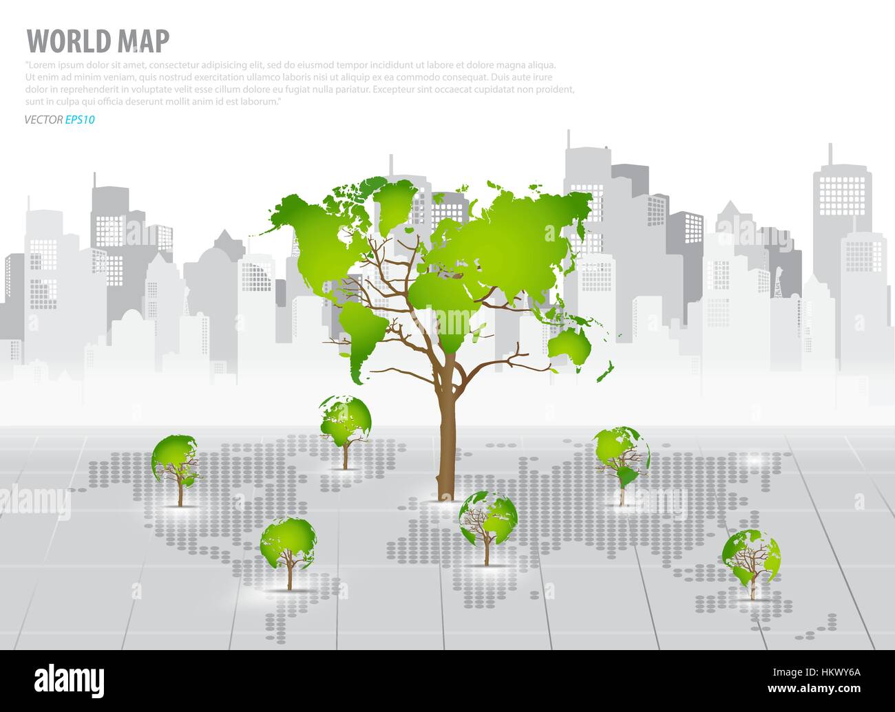 Green economy concept : Tree shaped world map with building background ...