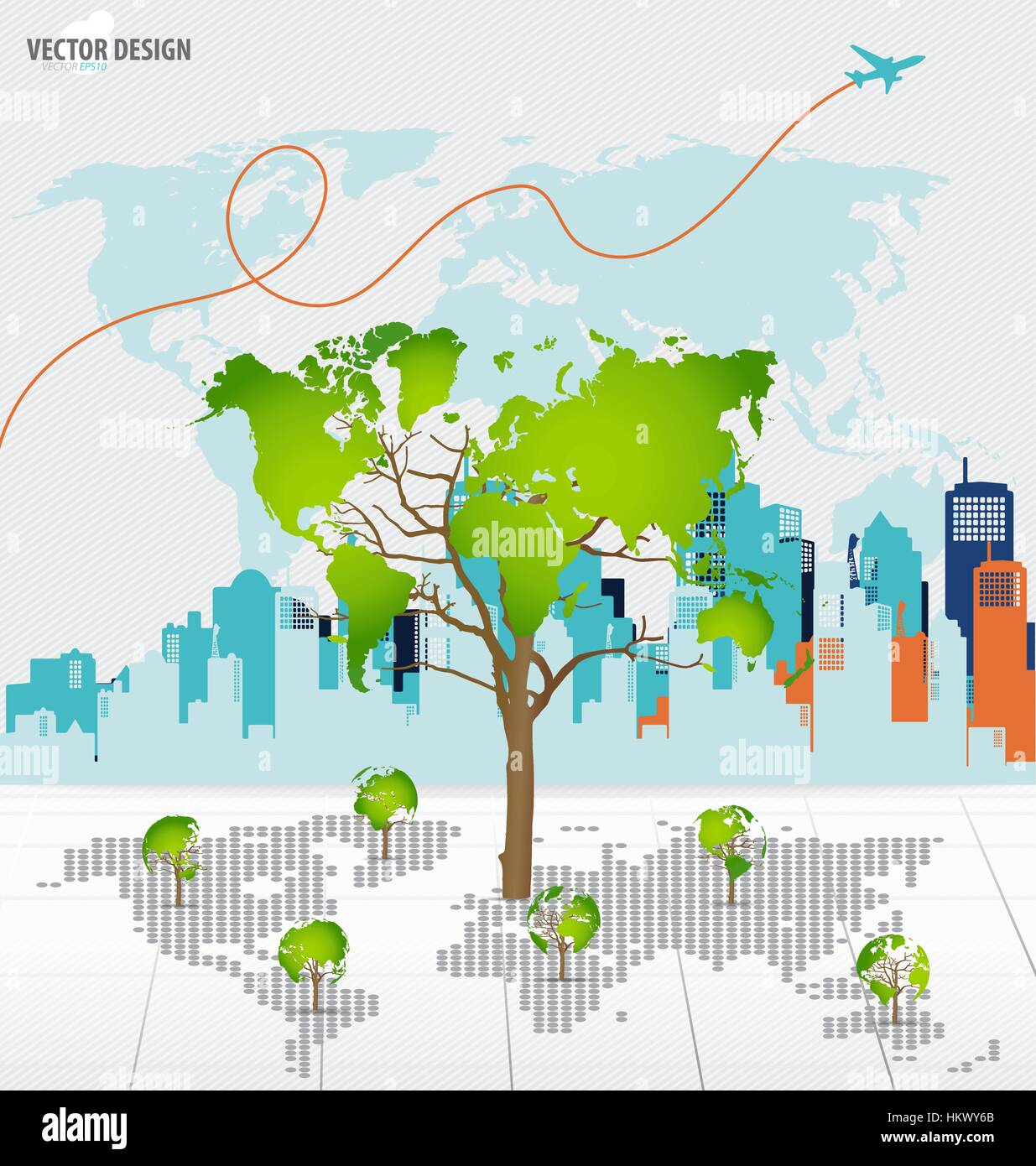 Tree shaped world map with building background. Vector illustration ...