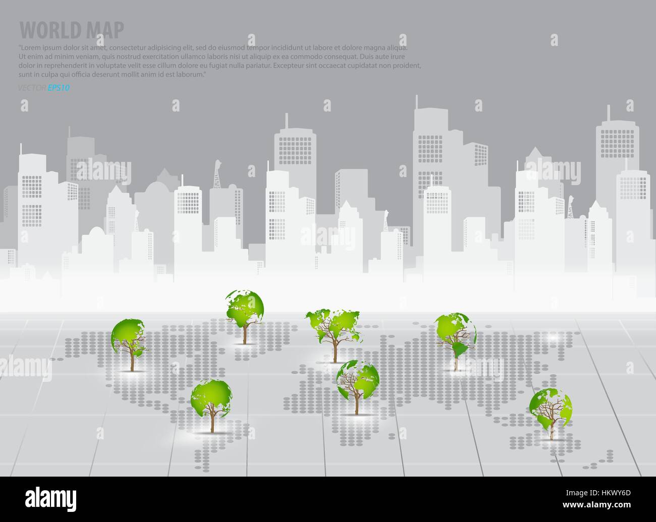 Green economy concept : Tree shaped world map with building background ...
