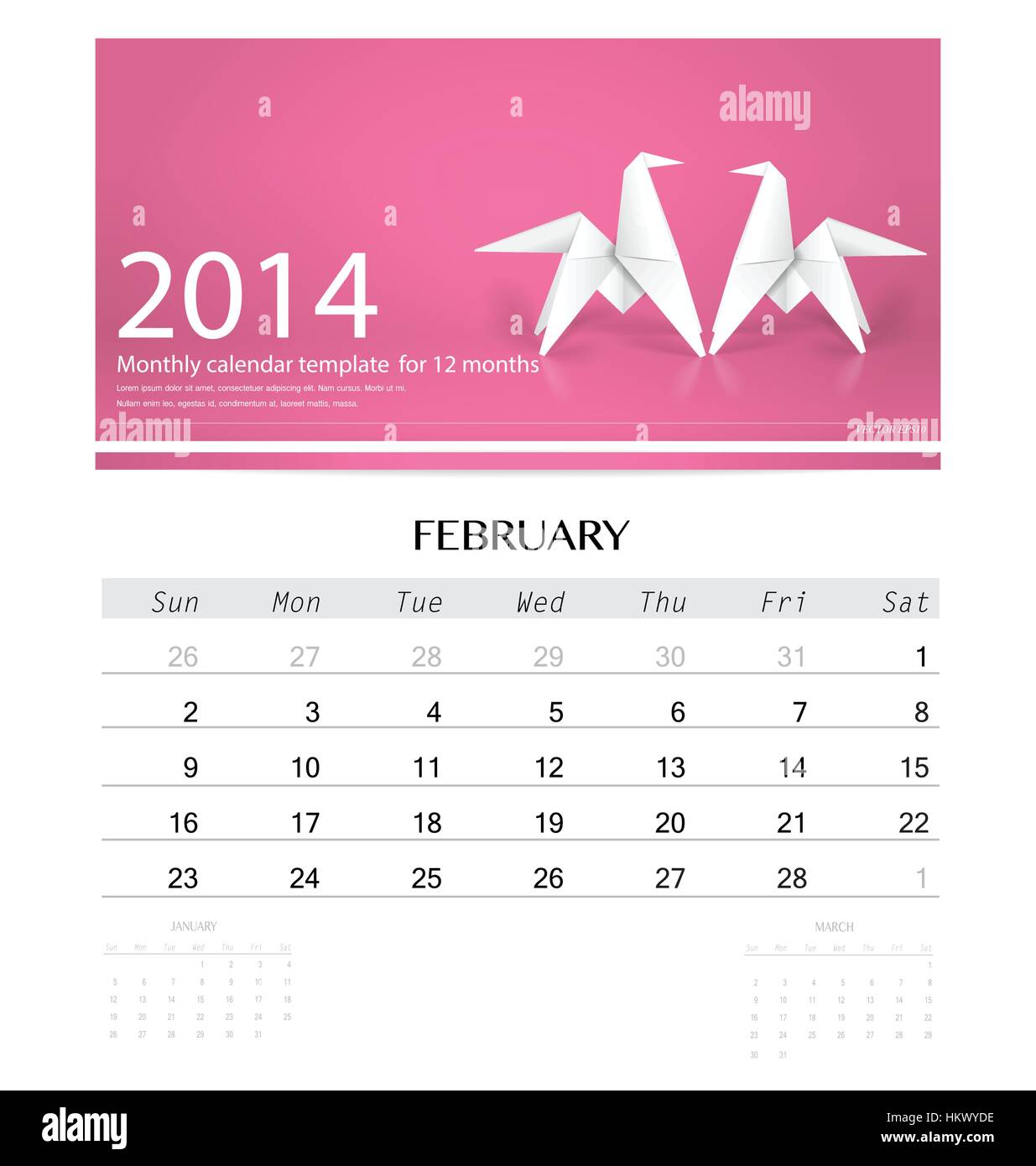 2014 calendar, monthly calendar template for February (Origami paper ...