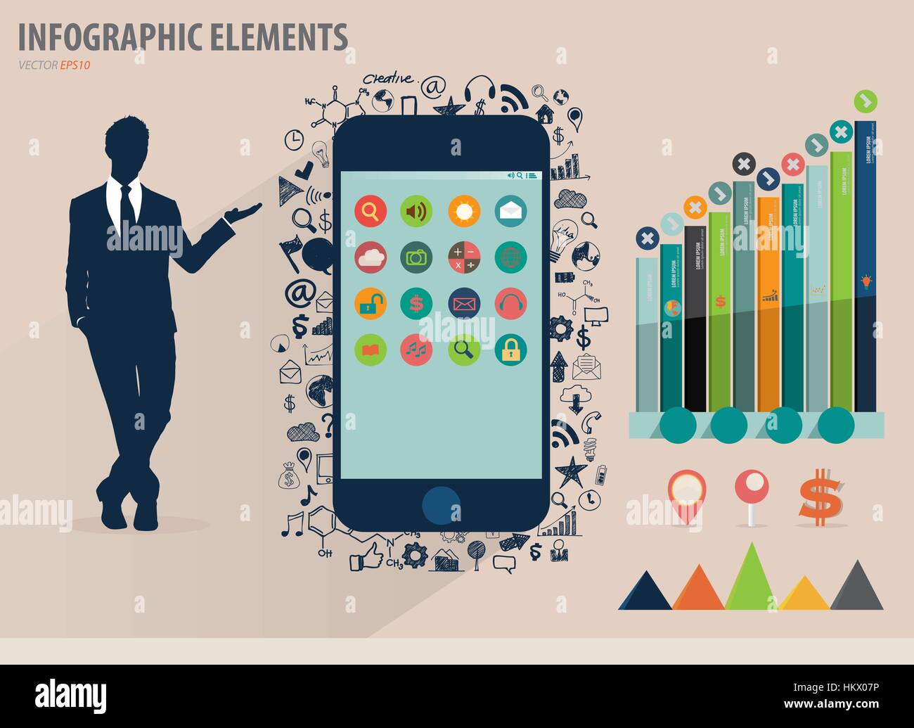 Vector illustration of businessman showing touchscreen device with ...