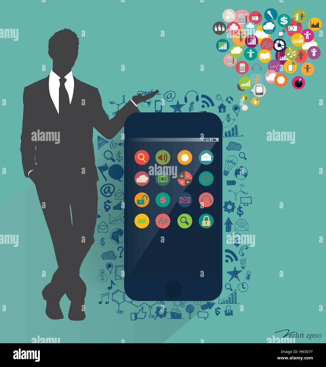 Infographic design template - businessman showing touchscreen device ...
